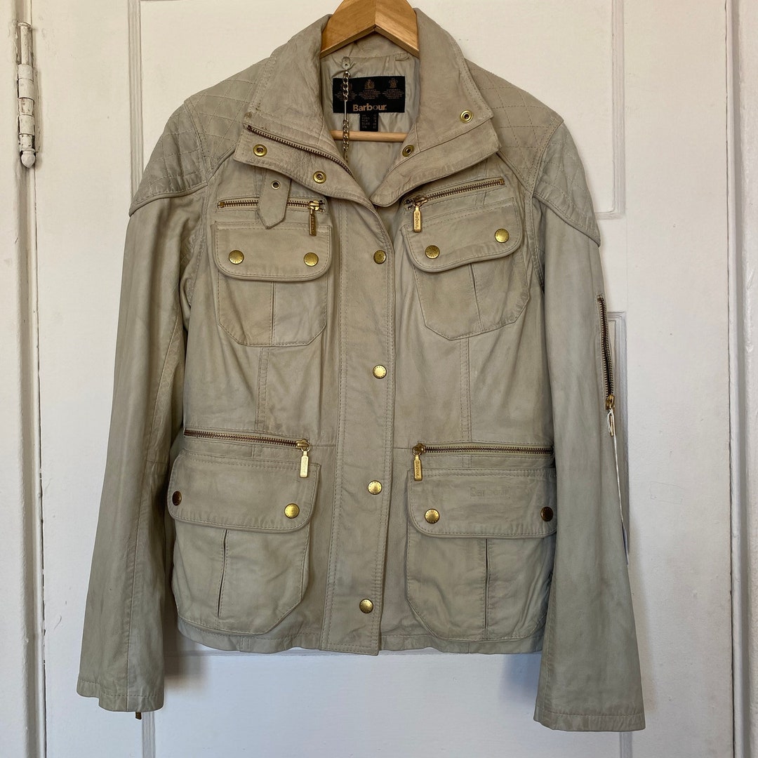 Barbour Beige Tan Leather Utility Jacket Gold Hardware Pockets Military ...