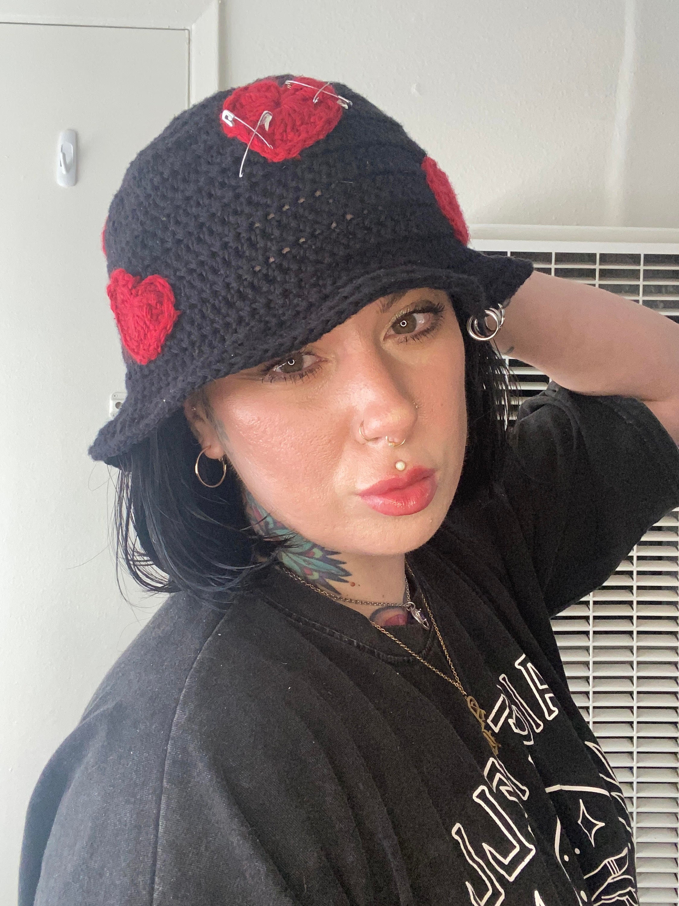 Crochet Bucket Hat, Heart Bucket Hat, Handmade Bucket Hat, Black Bucket ...