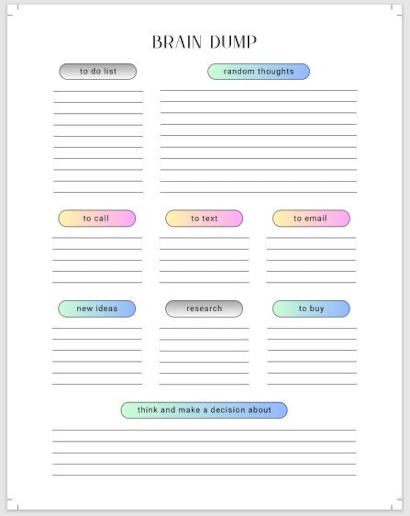 Brain Dump Digital Pdf Printable Minimalist Productivity - Etsy