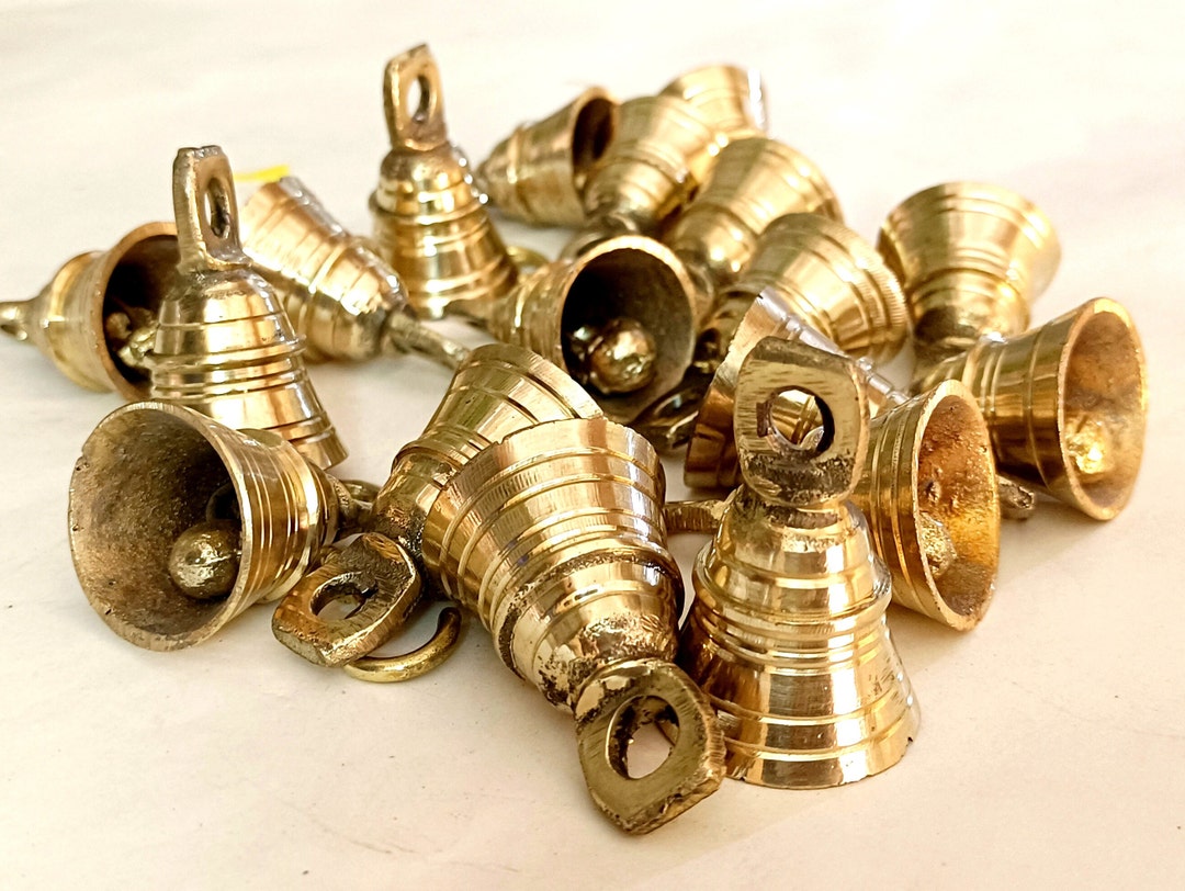 Set of 50 Golden Brass Bells With Hooks: Indian Temple Ornaments - Etsy