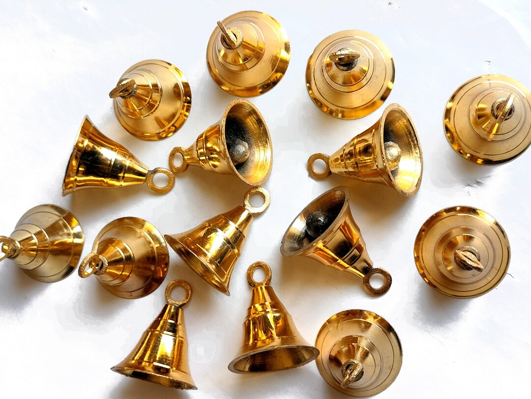 GOLDEN BRASS BELLS Solid Jingle Bells Small Wall Hanging Ornaments 2 ...