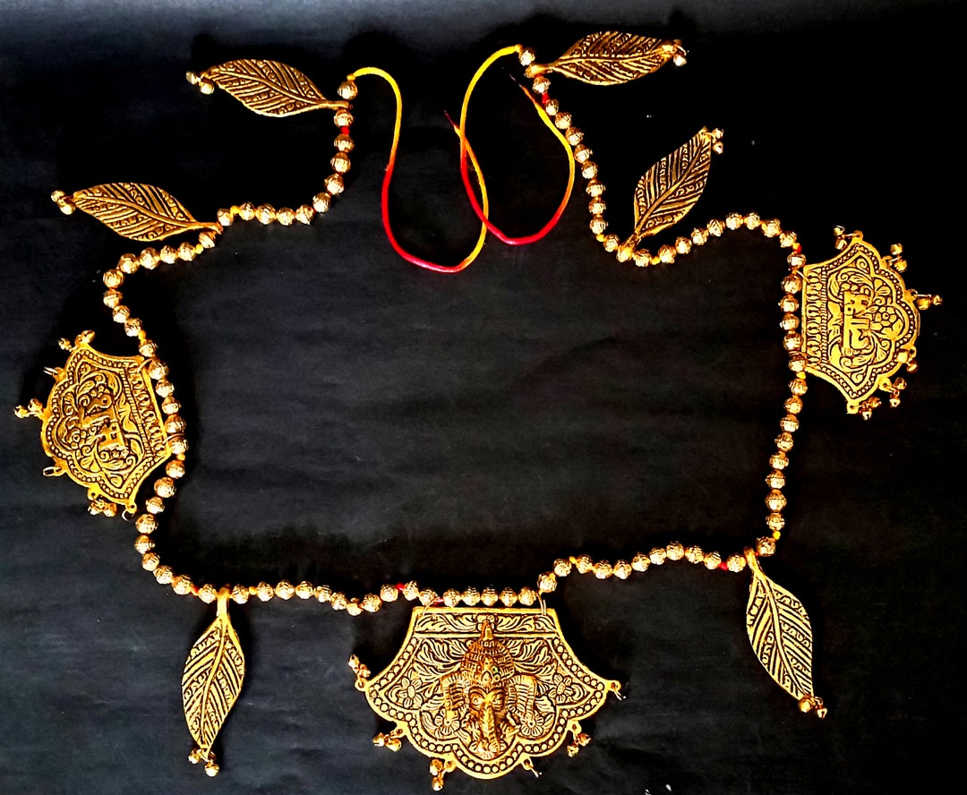 Brass Moti Toran Hanging Gold Ganesha Subh Labh Door Decor String Layer ...