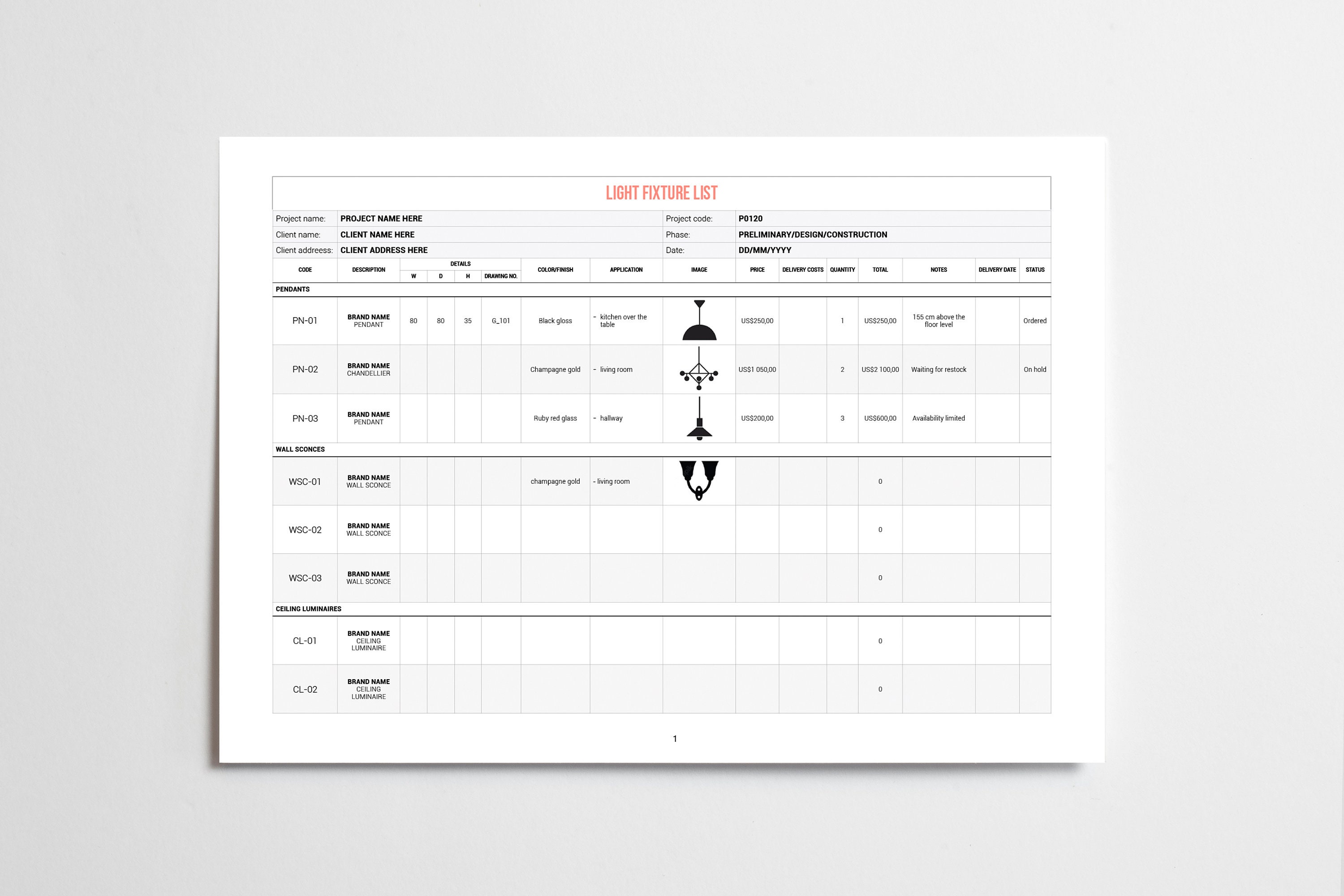 Interior Design Printable Template FF&E Spreadsheet Finishes Materials ...