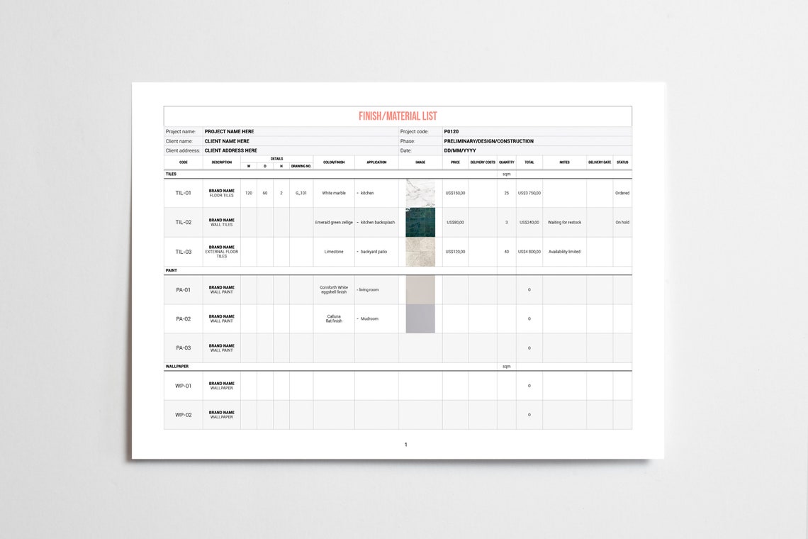 Interior Design Template Printable FF&E Spreadsheet Finishes Materials ...