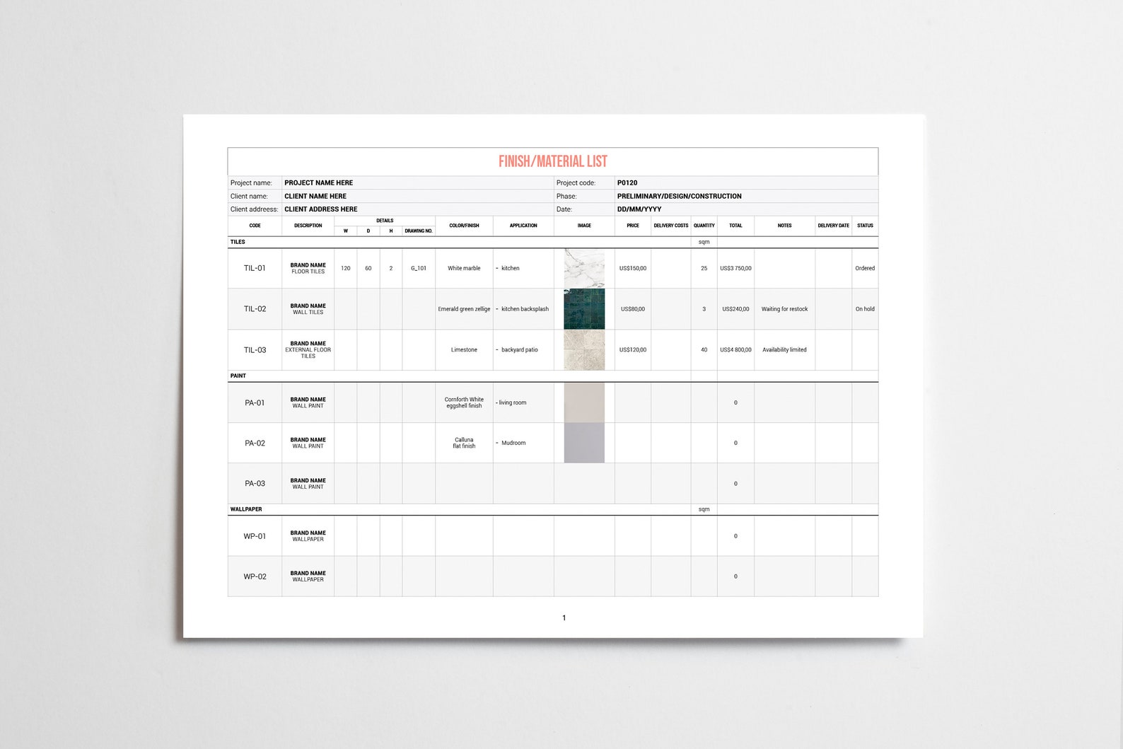 Interior Design Template Printable FF&E Spreadsheet Finishes Materials ...