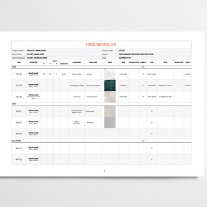 Interior Design Printable Template FF&E Spreadsheet Finishes Materials ...