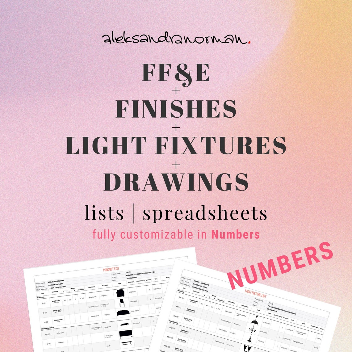 Interior Design Template Printable FF&E Spreadsheet Finishes Materials ...