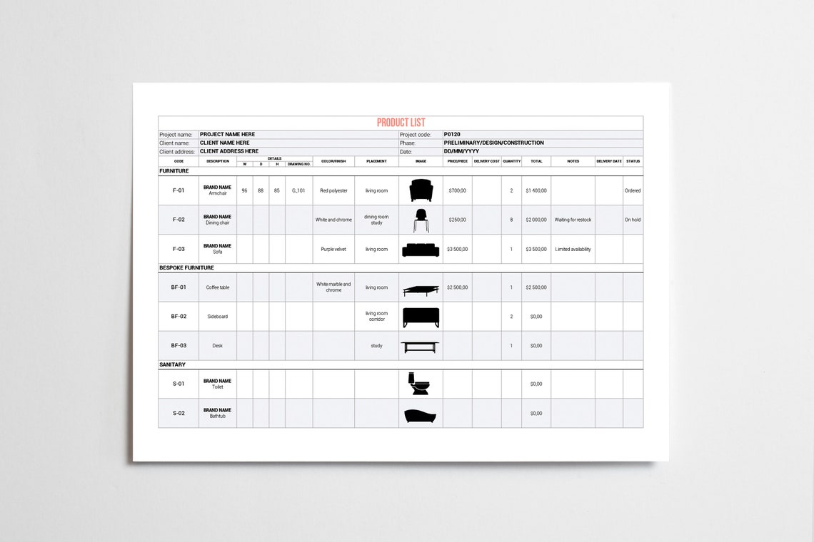 Interior Design Printable Template FF&E Spreadsheet Finishes Materials ...
