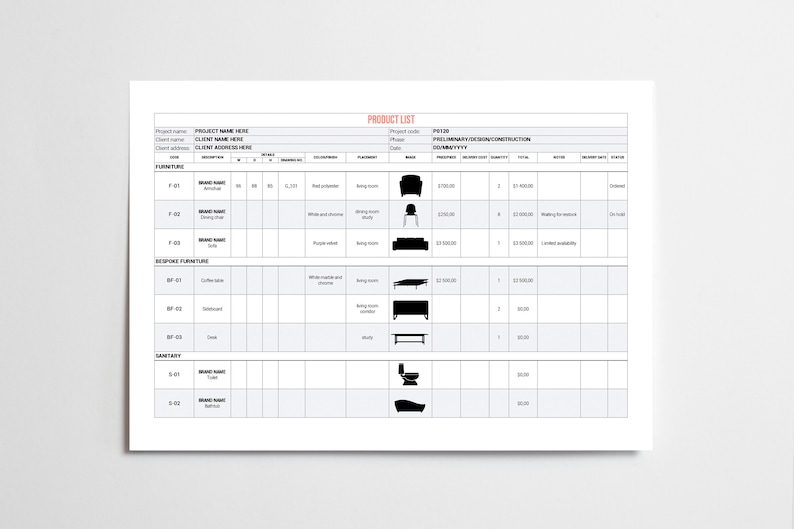 Interior Design Printable Template FF&E Spreadsheet Finishes Materials ...