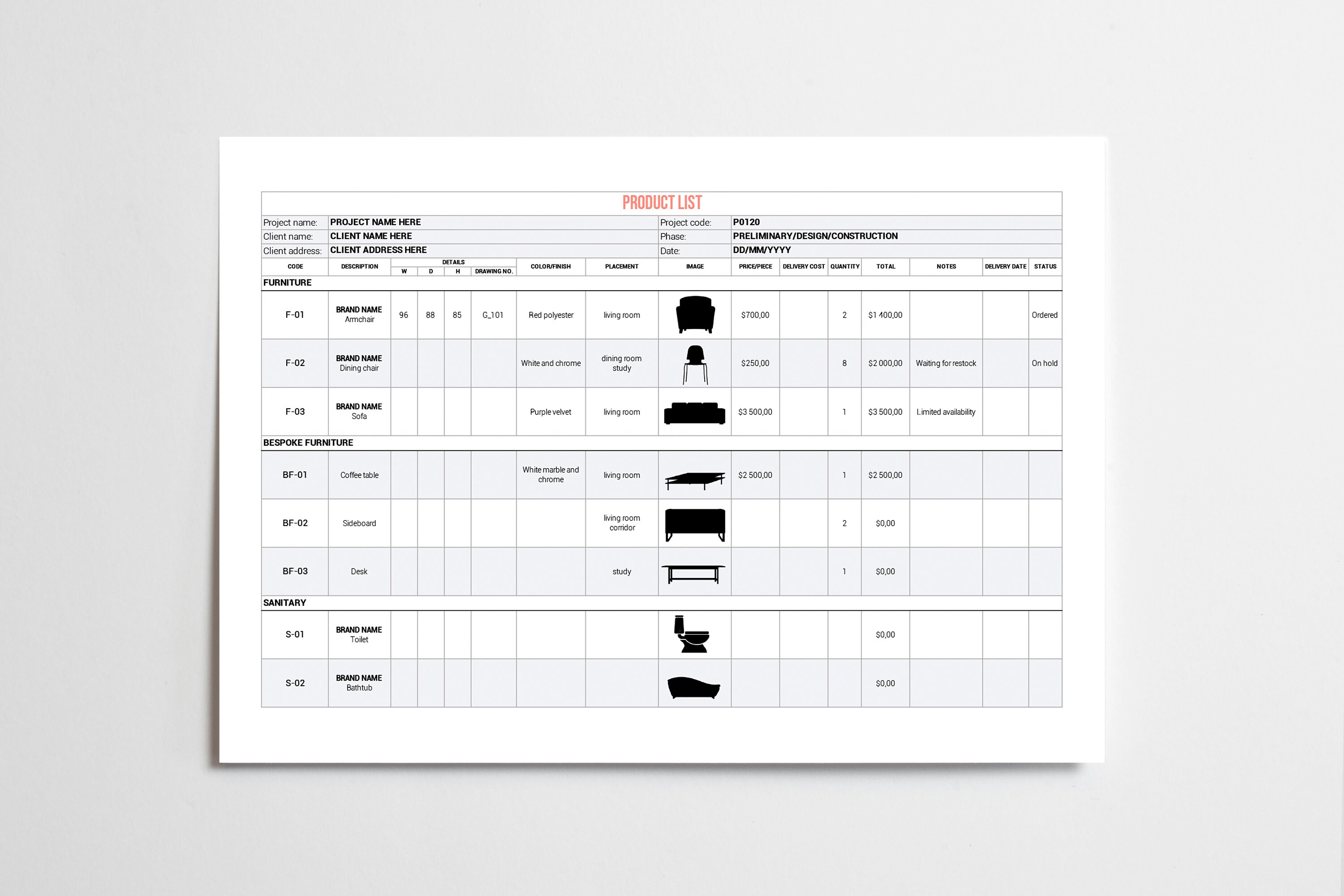 Interior Design Printable Template FF&E Spreadsheet Finishes Materials ...