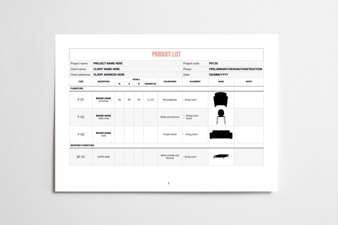 Interior Design Template Printable FF&E Spreadsheet Finishes Materials ...