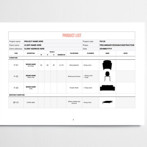 Interior Design Template Printable FF&E Spreadsheet Finishes Materials ...