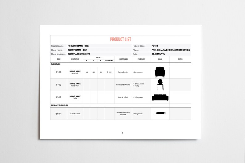 Interior Design Template Printable FF&E Spreadsheet Finishes Materials ...