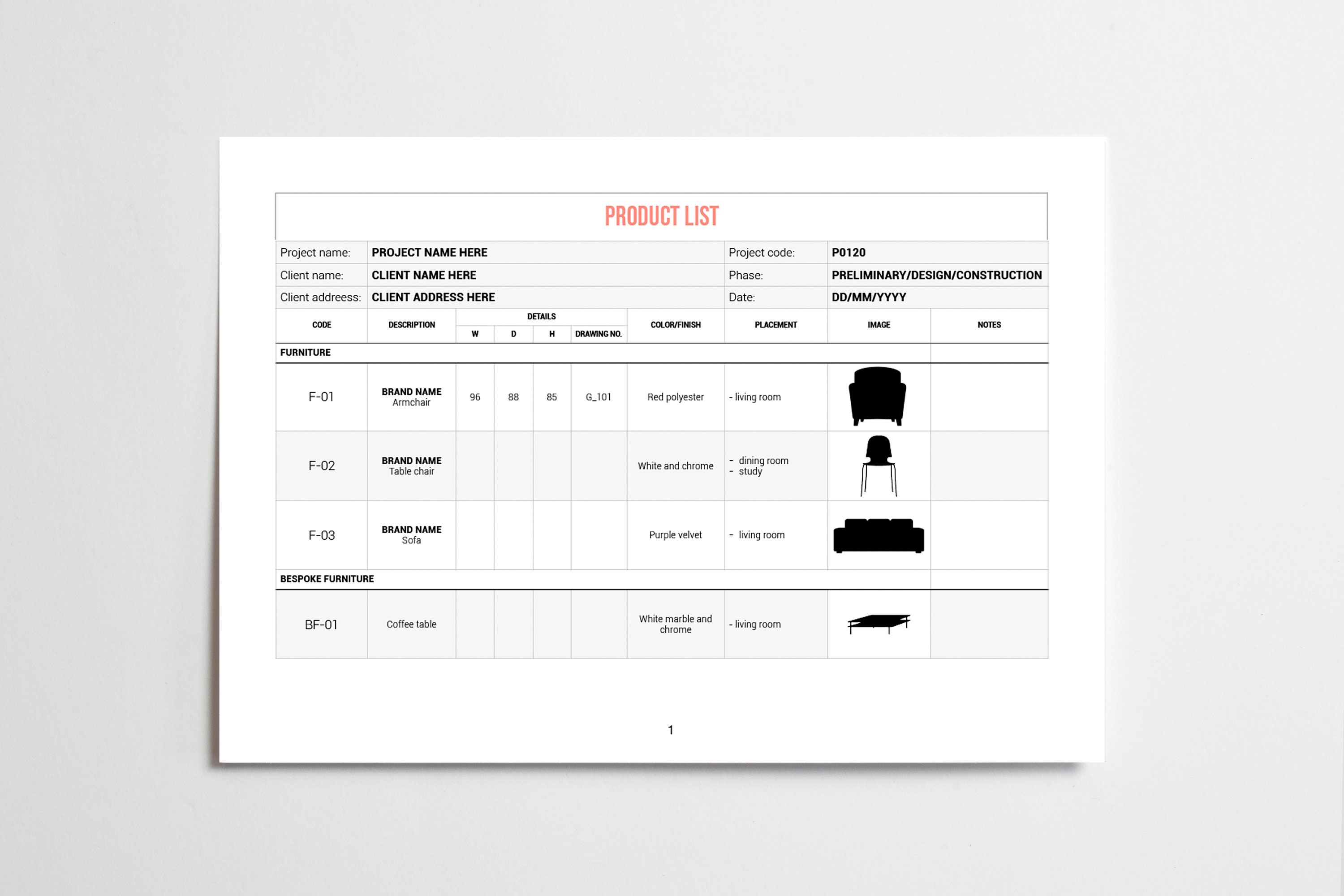 Interior Design Template Printable FF&E Spreadsheet Finishes Materials ...