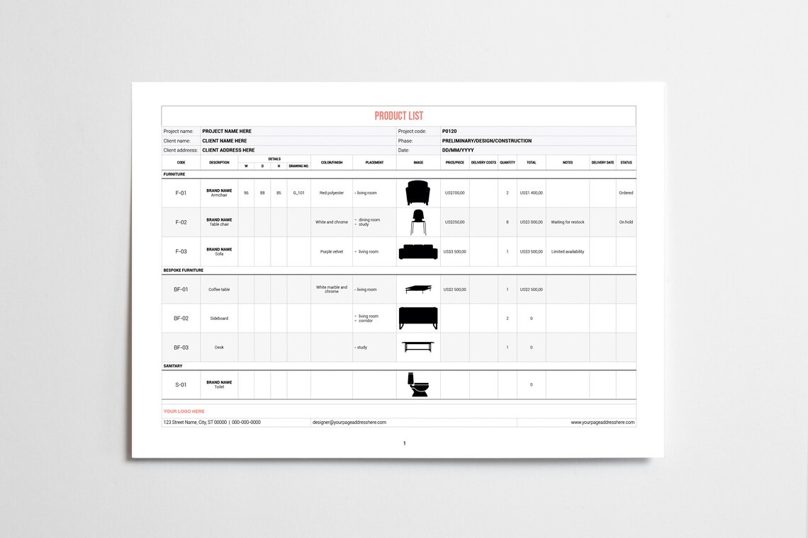 Interior Design Template Printable FF&E Spreadsheet Finishes Materials ...