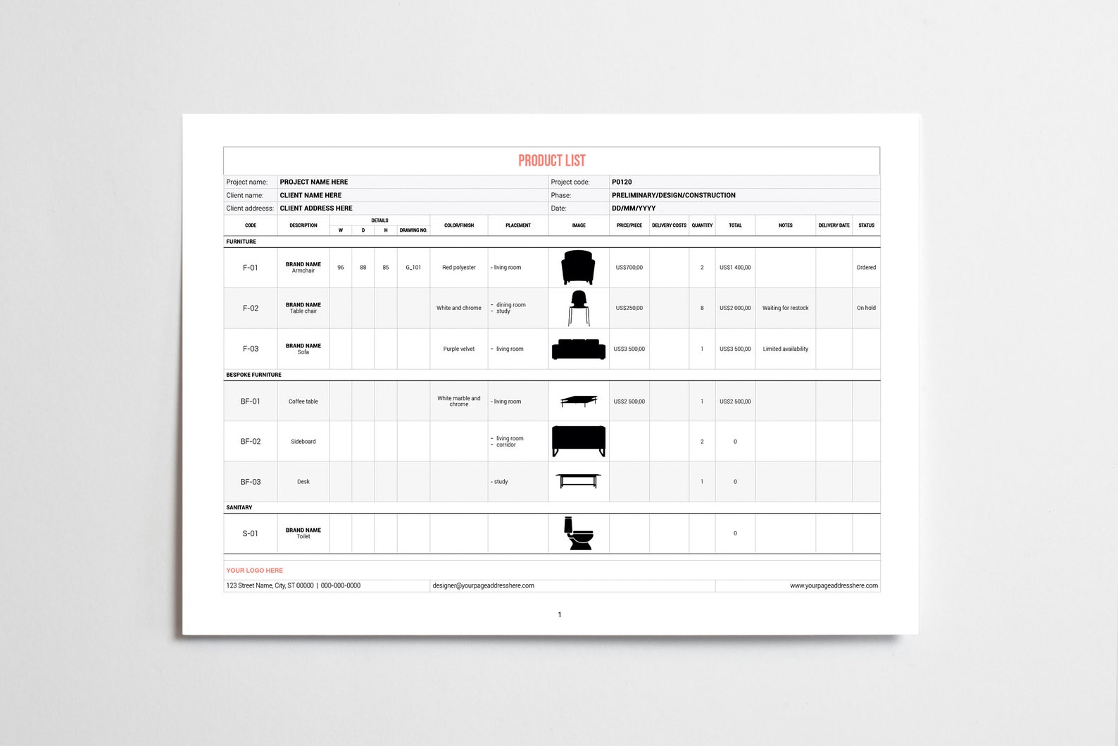 Interior Design Template Printable FF&E Spreadsheet Finishes Materials ...