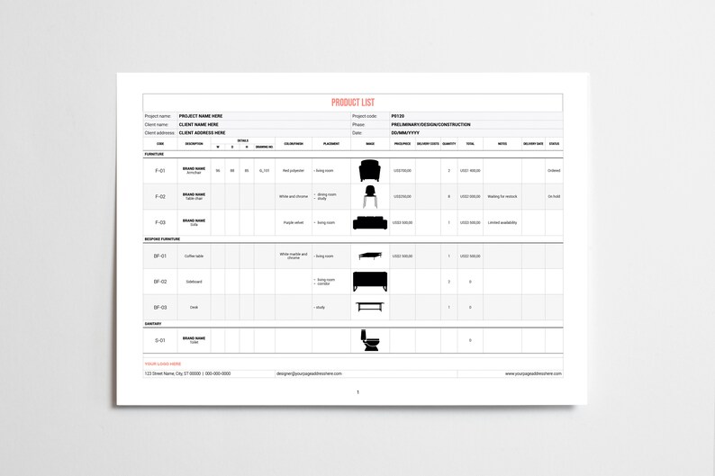 Interior Design Template Printable FF&E Spreadsheet Finishes Materials ...