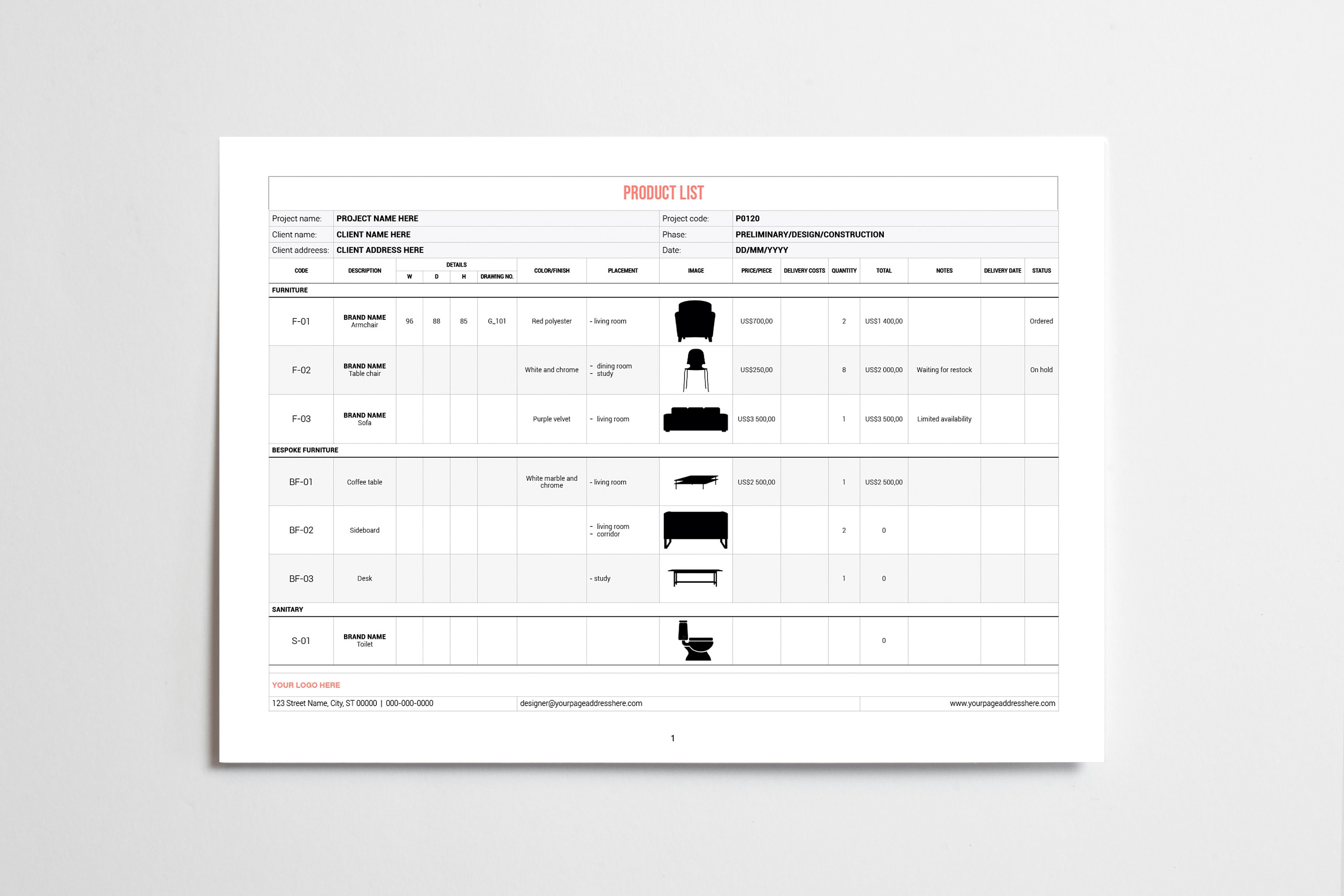 Interior Design Template Printable FF&E Spreadsheet Finishes Materials ...