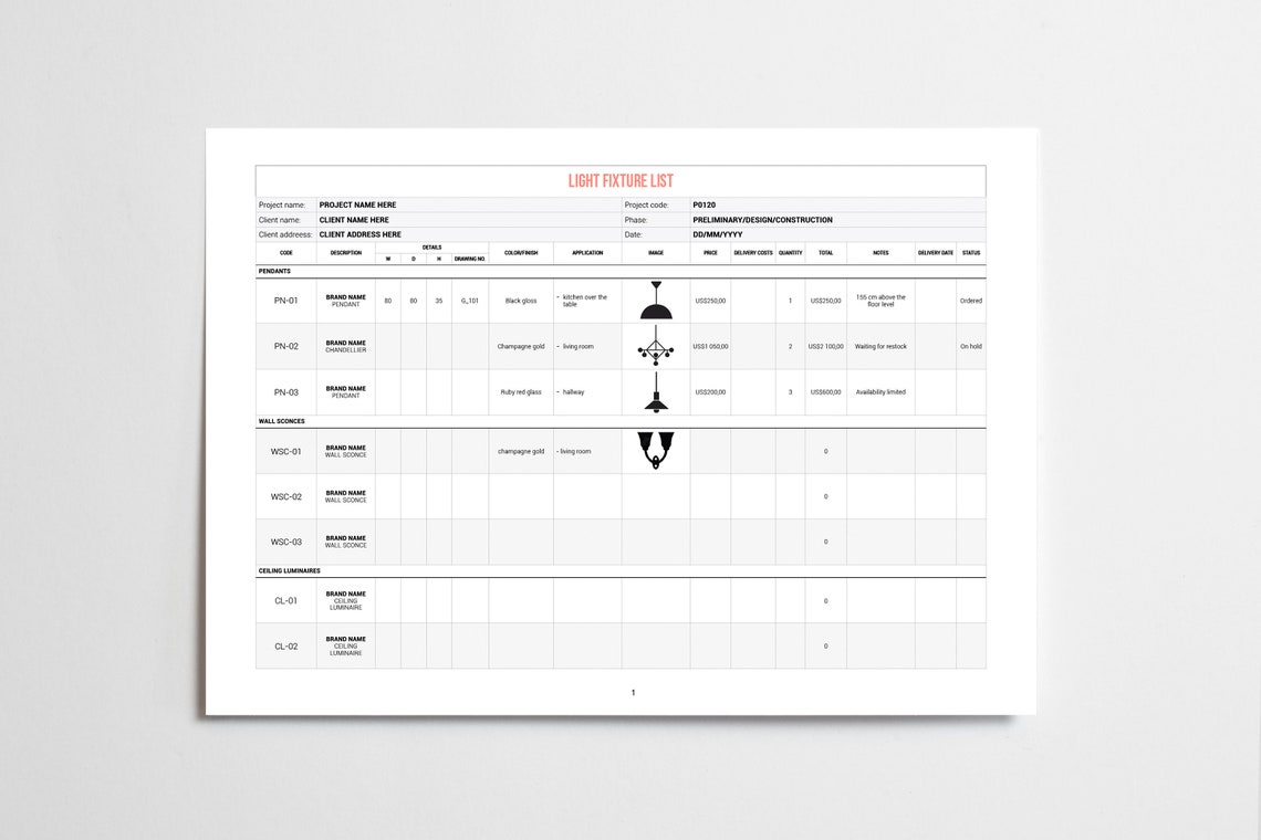 Interior Design Template Printable FF&E Spreadsheet Finishes Materials ...