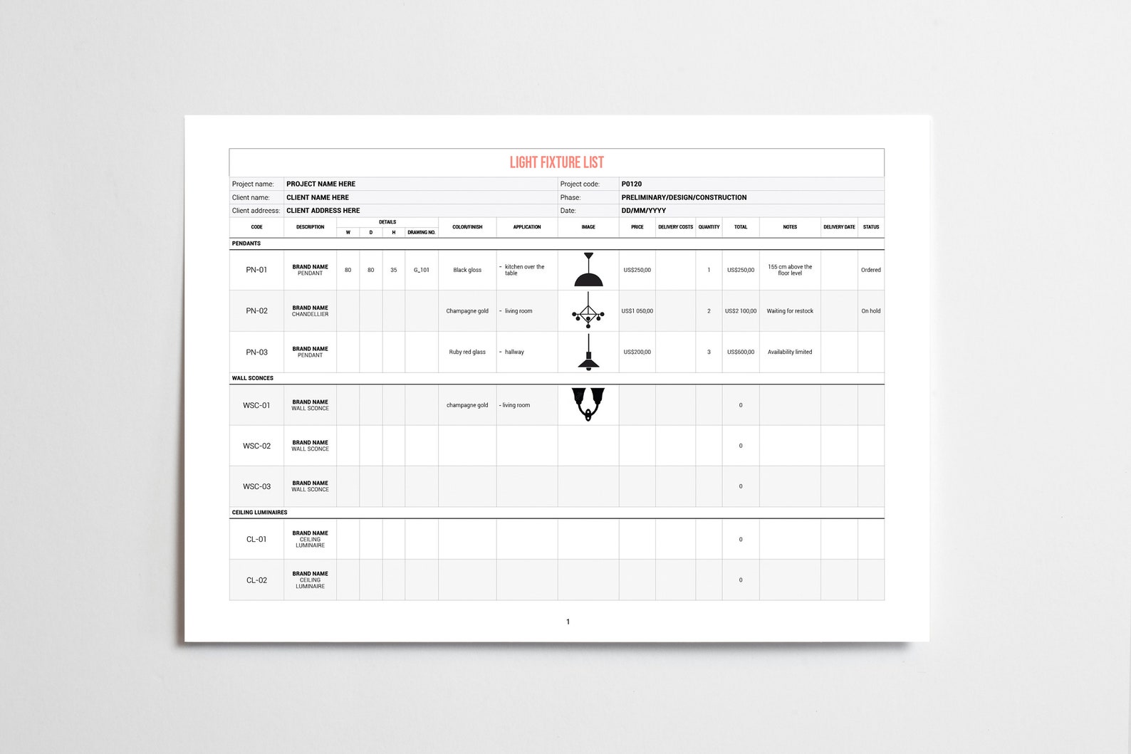 Interior Design Template Printable FF&E Spreadsheet Finishes Materials ...