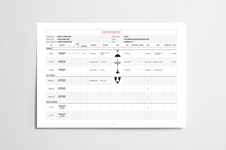 Interior Design Template Printable FF&E Spreadsheet Finishes Materials ...