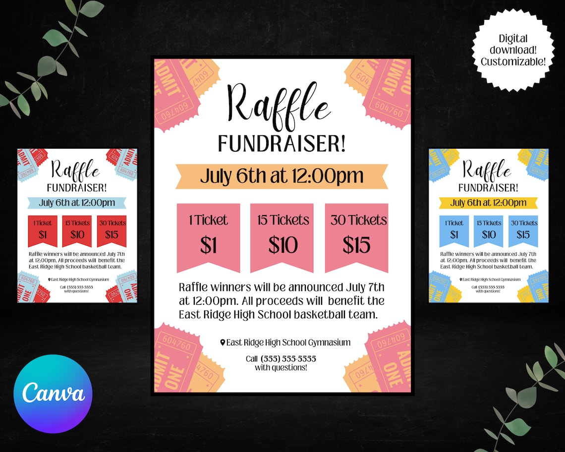Editable Raffle Fundraiser Flyer - DIY Canva Raffle Ticket Template ...