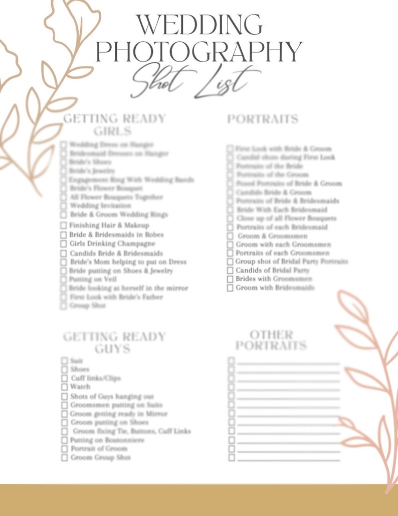 Wedding Photo Checklist Wedding Shot List Printable Wedding Photography ...