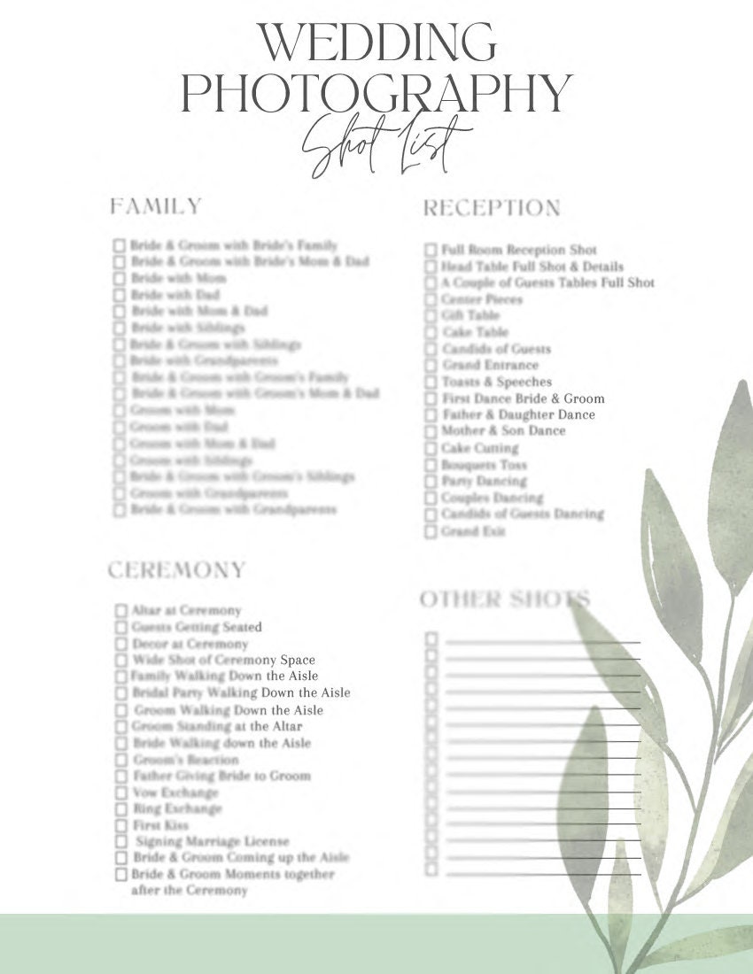 Wedding Shot List Printable Wedding Photography Shot List Template ...