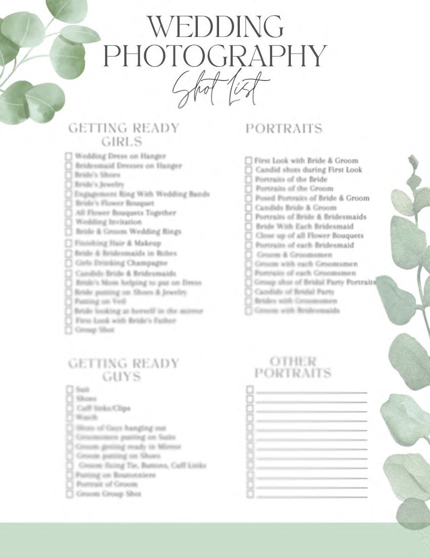 Wedding Shot List Printable Wedding Photography Shot List Template ...