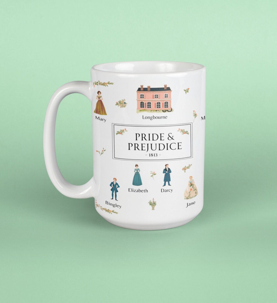 Floral Pride and Prejudice Mug for Coffee or Tea, 15oz, Gift for Jane ...