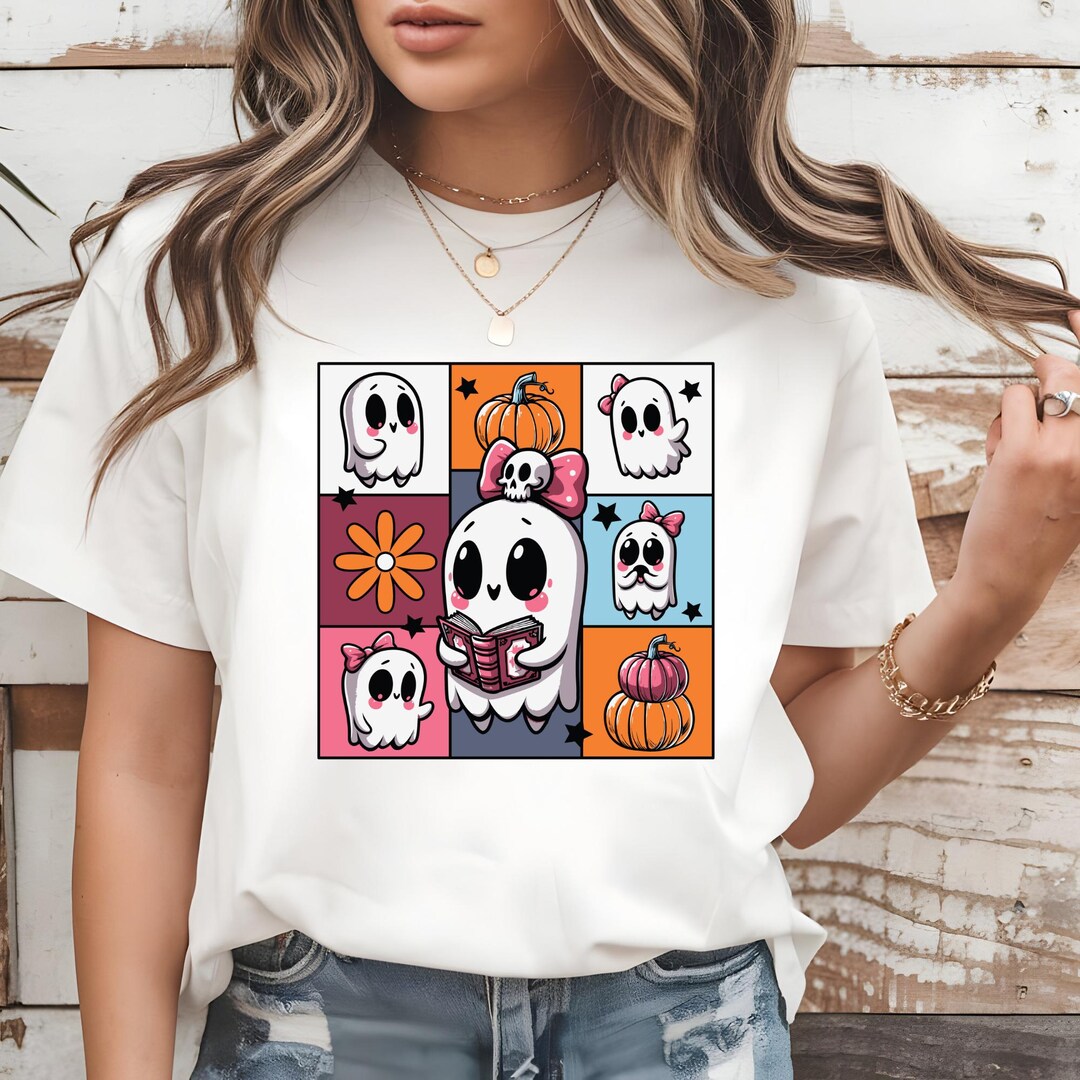 Halloween Ghost Grid PNG | Cute Ghosts & Pumpkins in Colorful Squares ...