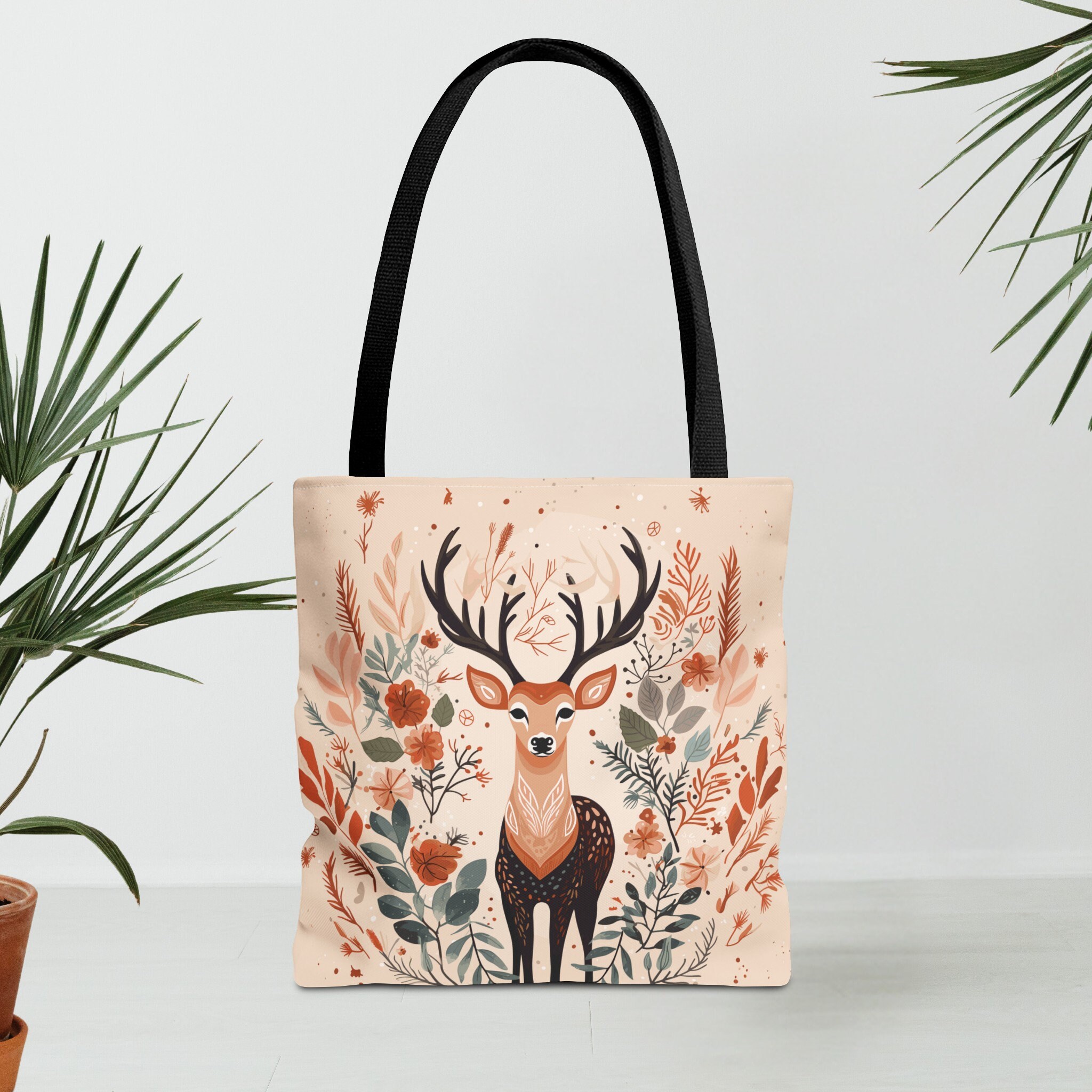 Cottagecore Tote, Deer Floral Tote Bag, Floral Canvas Tote Bag, Animal ...