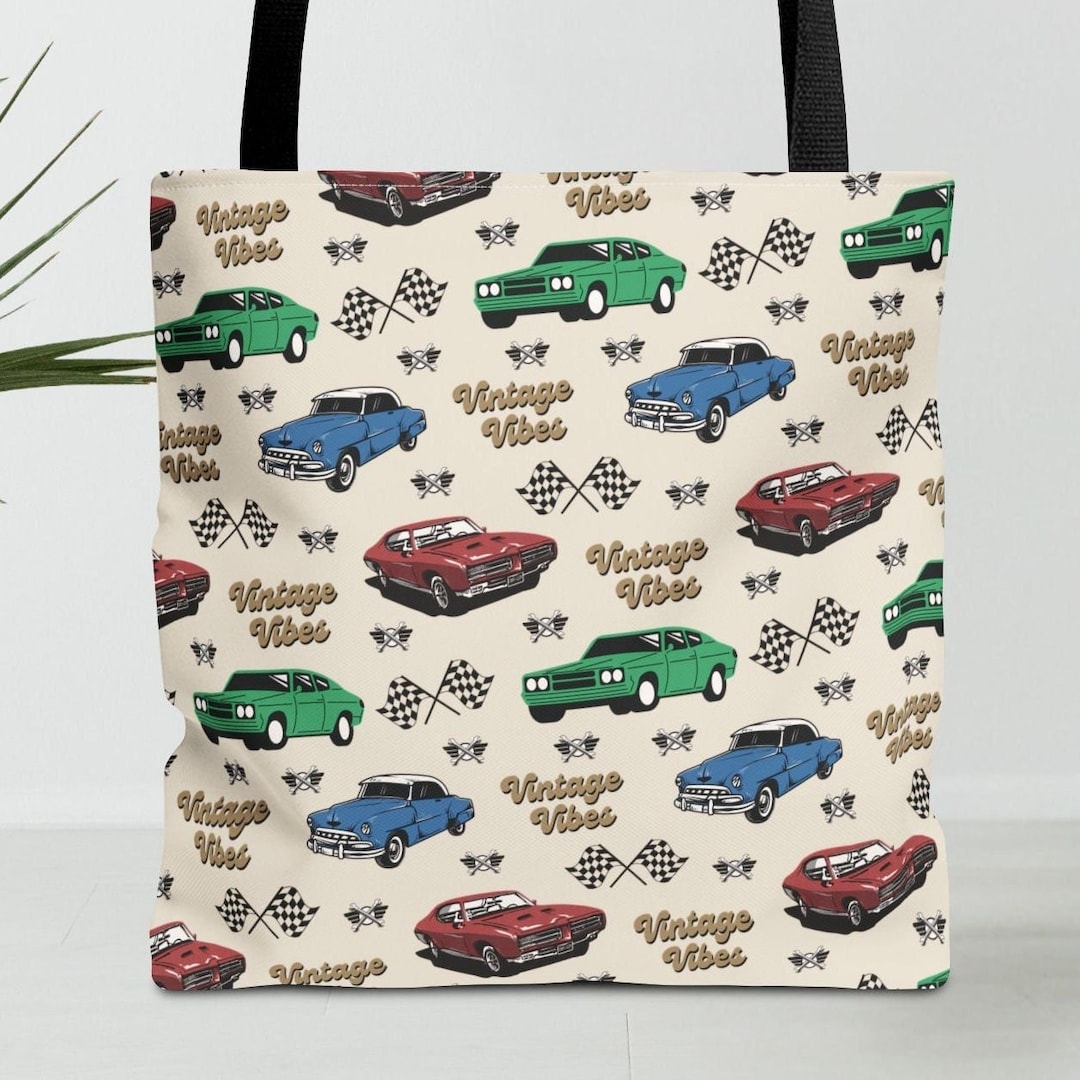 Vintage Car Tote Bag, Vintage Vibes Tote, Retro Style Car Bag, Classic ...