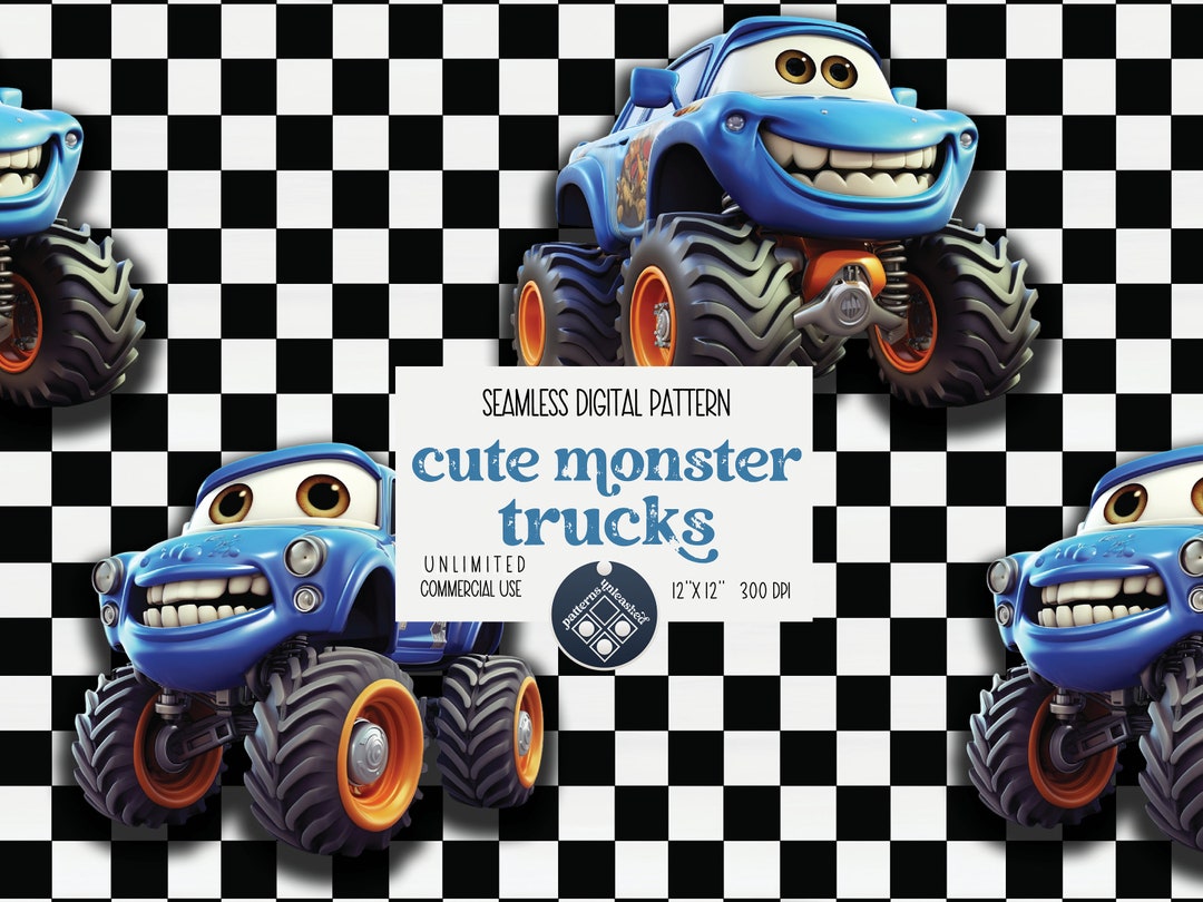 Cute Monster Trucks Seamless Pattern Unlimited Commercial Use Digital ...