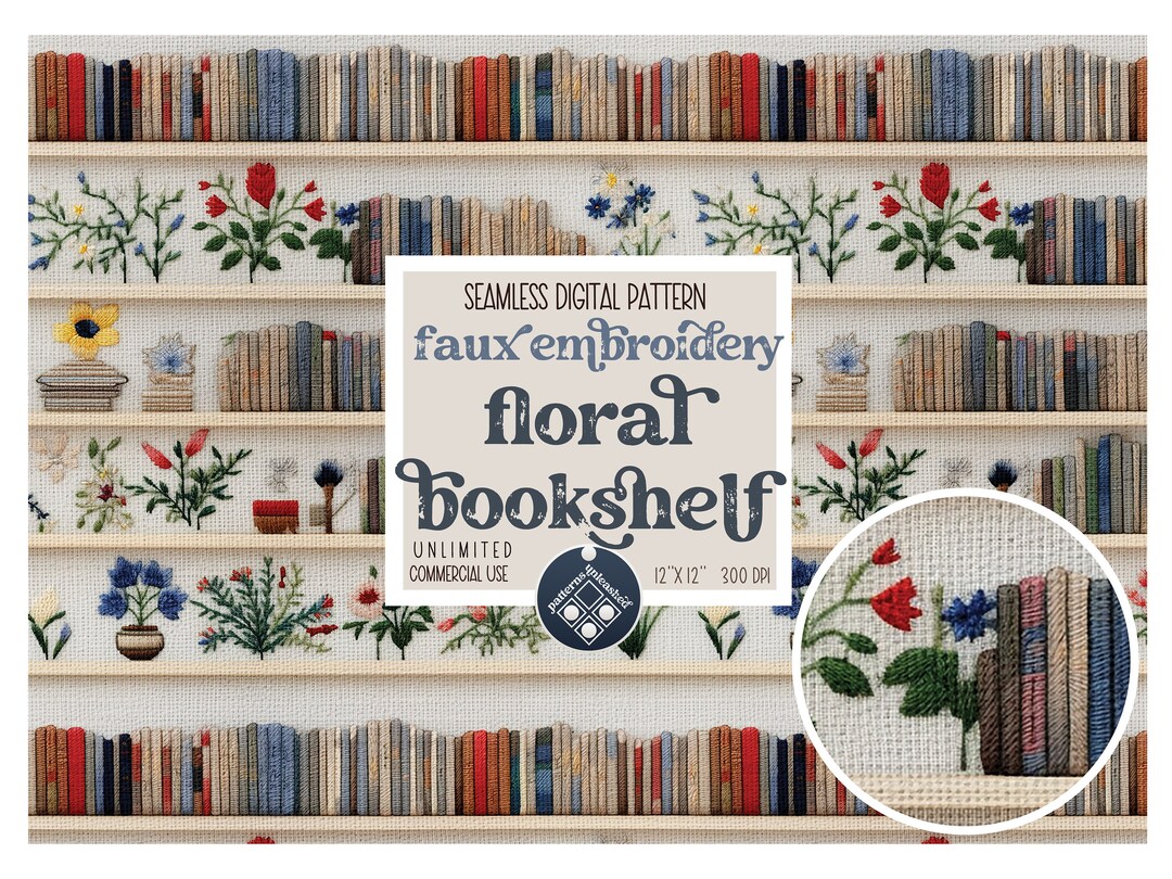 Floral Bookshelf Embroidery Seamless Pattern Unlimited Commercial Use ...