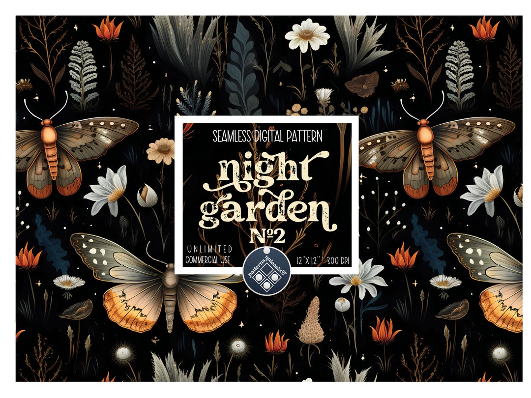 Night Garden Seamless Pattern Unlimited Commercial Use Digital Print File Instant Download ...
