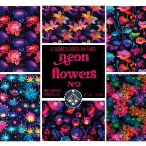 Neon Flowers Seamless Pattern Set Unlimited Commercial Use Digital ...