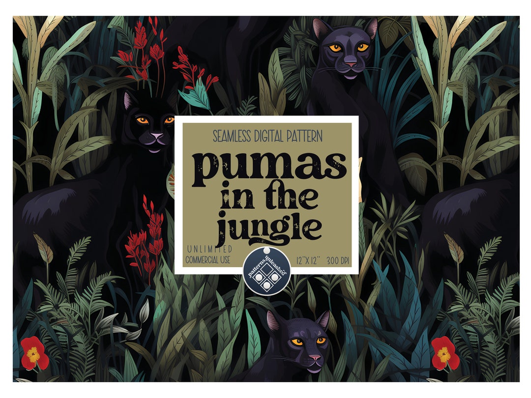 Pumas in Jungle Seamless Pattern Unlimited Commercial Use Digital Print ...