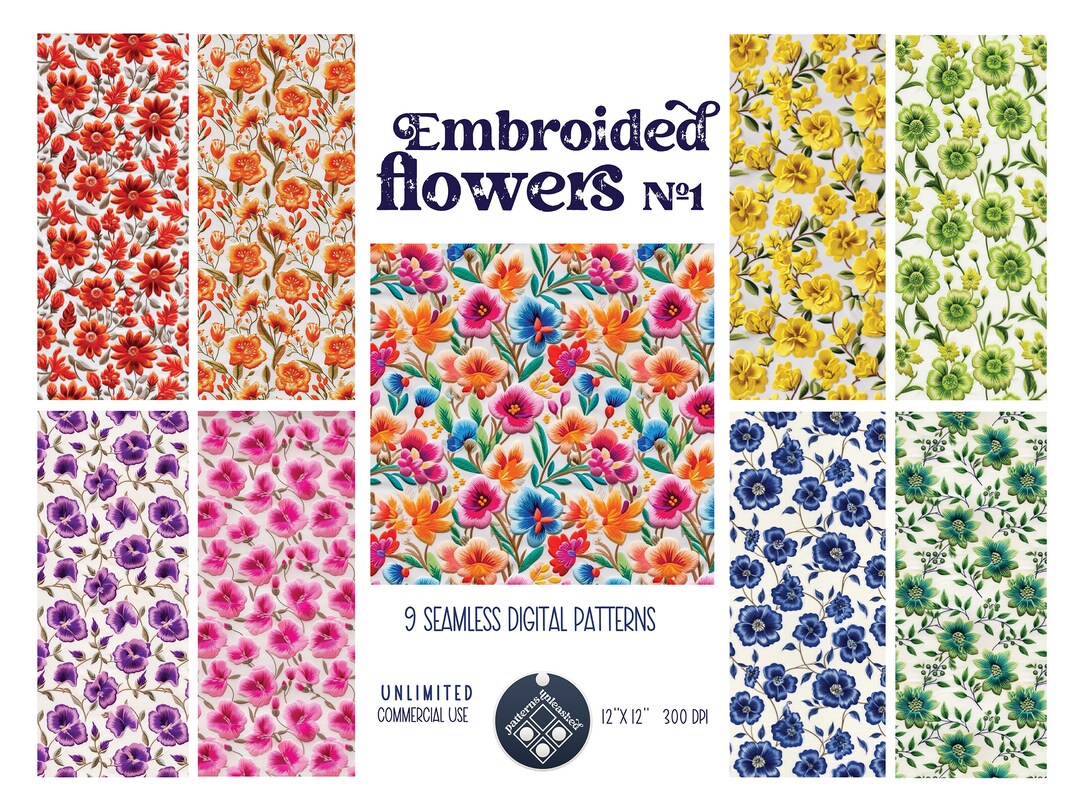 Embroided Flowers Seamless Pattern Unlimited Commercial Use Digital ...