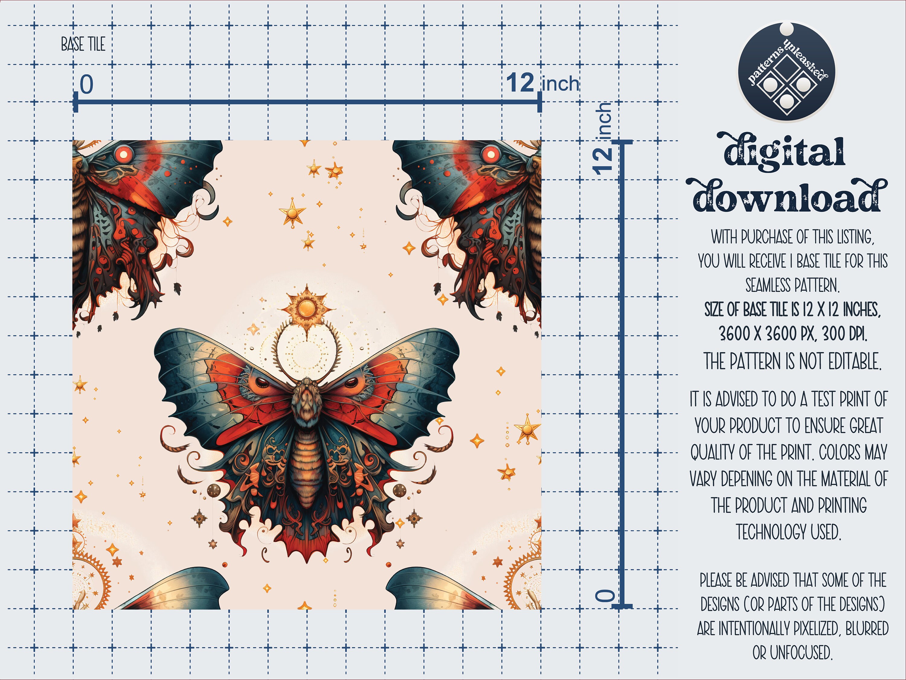 Celestial Moths Seamless Pattern Unlimited Commercial Use Digital Print File Instant Download ...