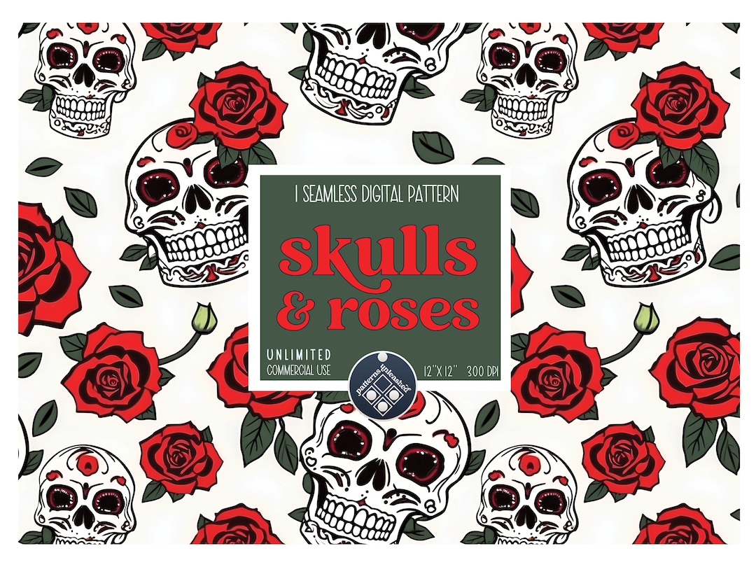 Skulls and Red Roses Seamless Pattern Printable Instant Download ...