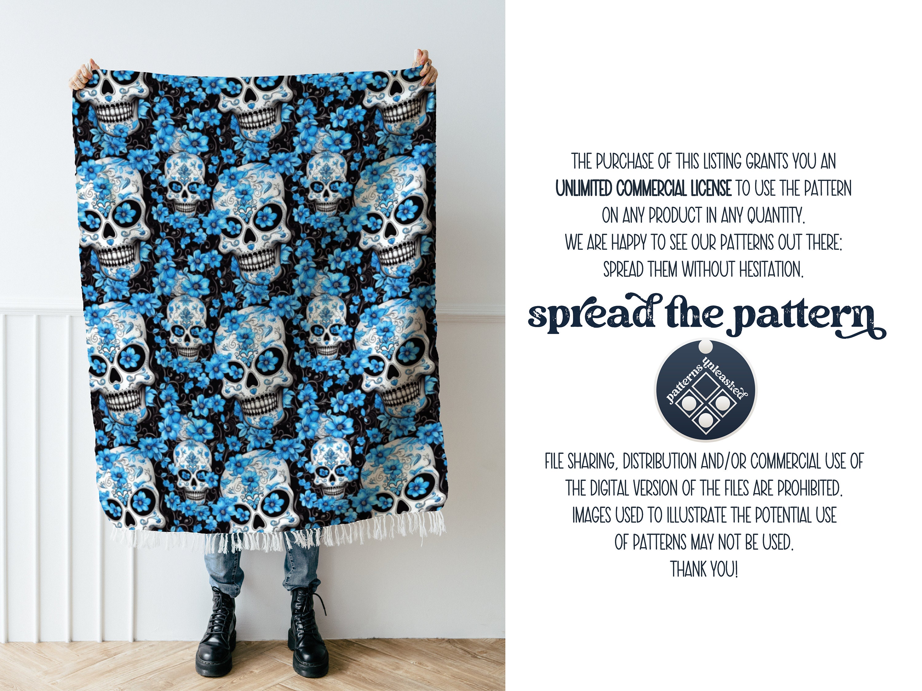 Skulls and Blue Flowers Seamless Pattern Printable Instant Download ...