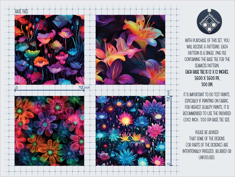 Neon Flowers Seamless Pattern Set Unlimited Commercial Use Digital ...