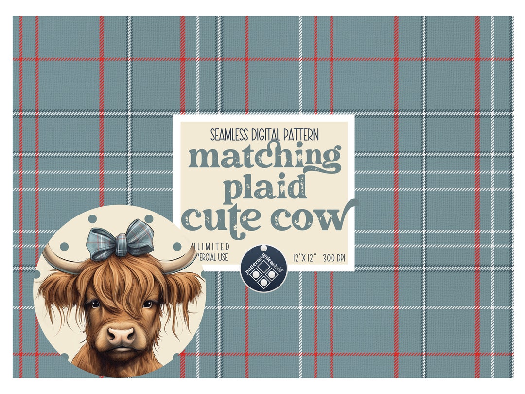Cute Highland Cow Matching Plaid Seamless Pattern Unlimited Commercial ...