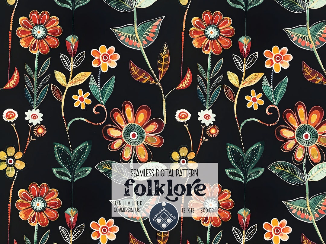 Folklore Flowers Digital Seamless Pattern Unlimited Commercial Use ...