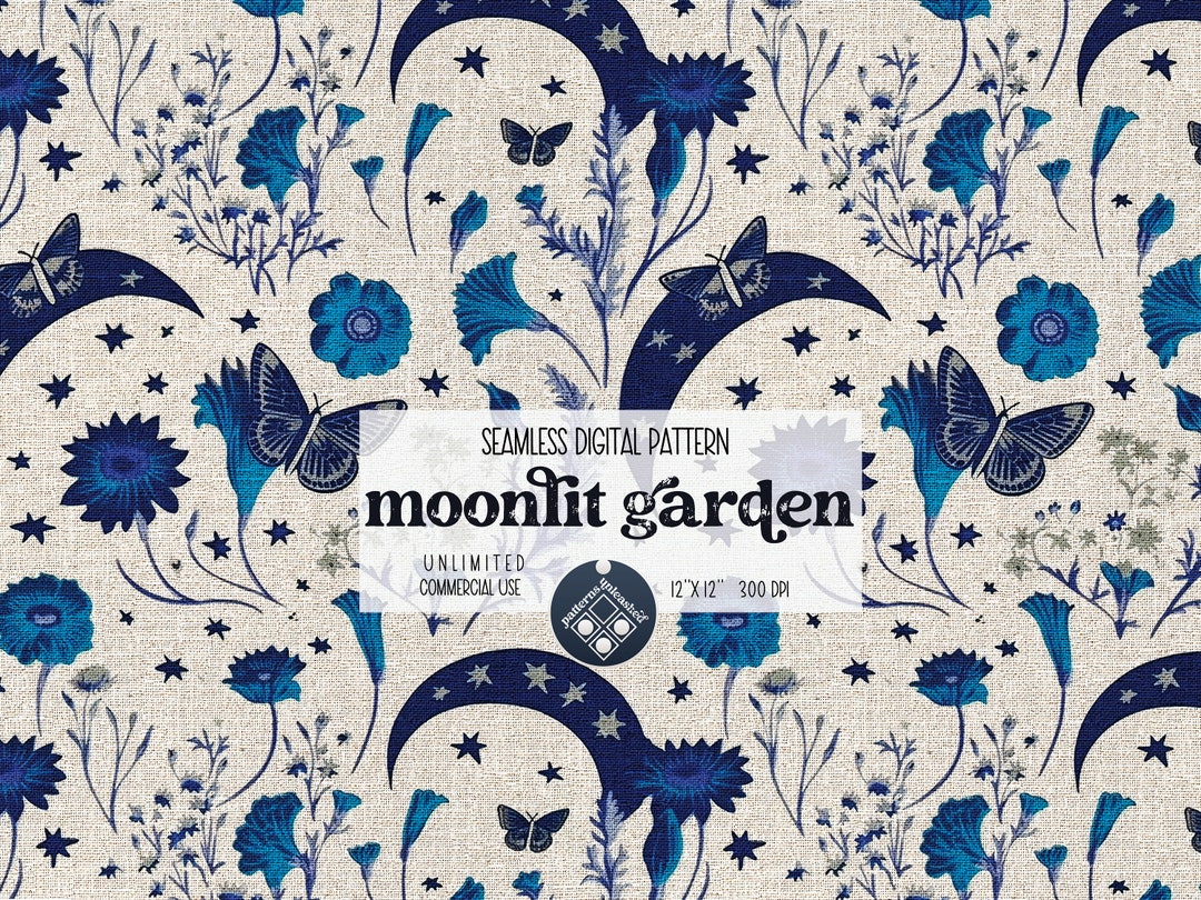 Moonlit Garden Seamless Pattern Unlimited Commercial Use Digital Print File Instant Download ...