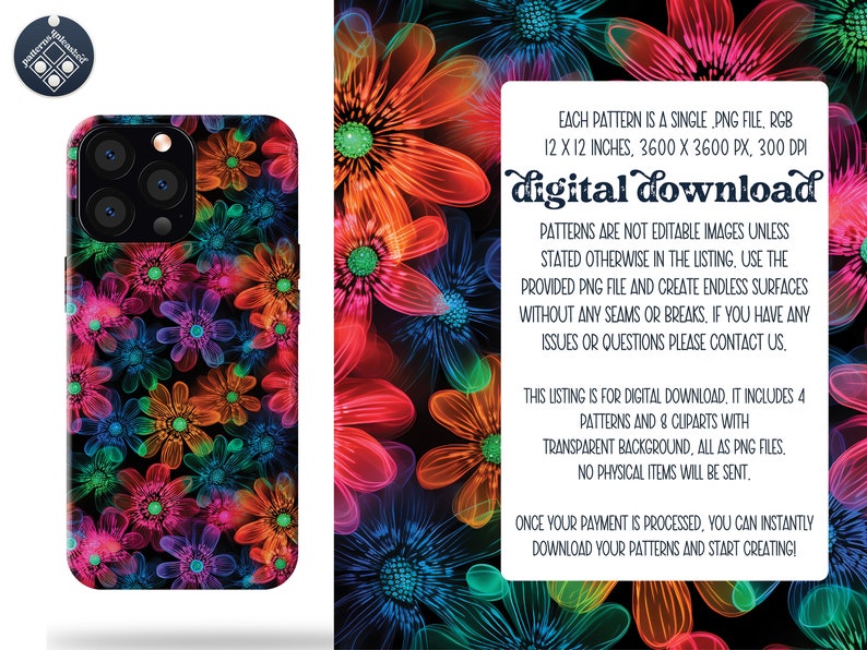 Neon Flowers Seamless Pattern Set Unlimited Commercial Use Digital ...