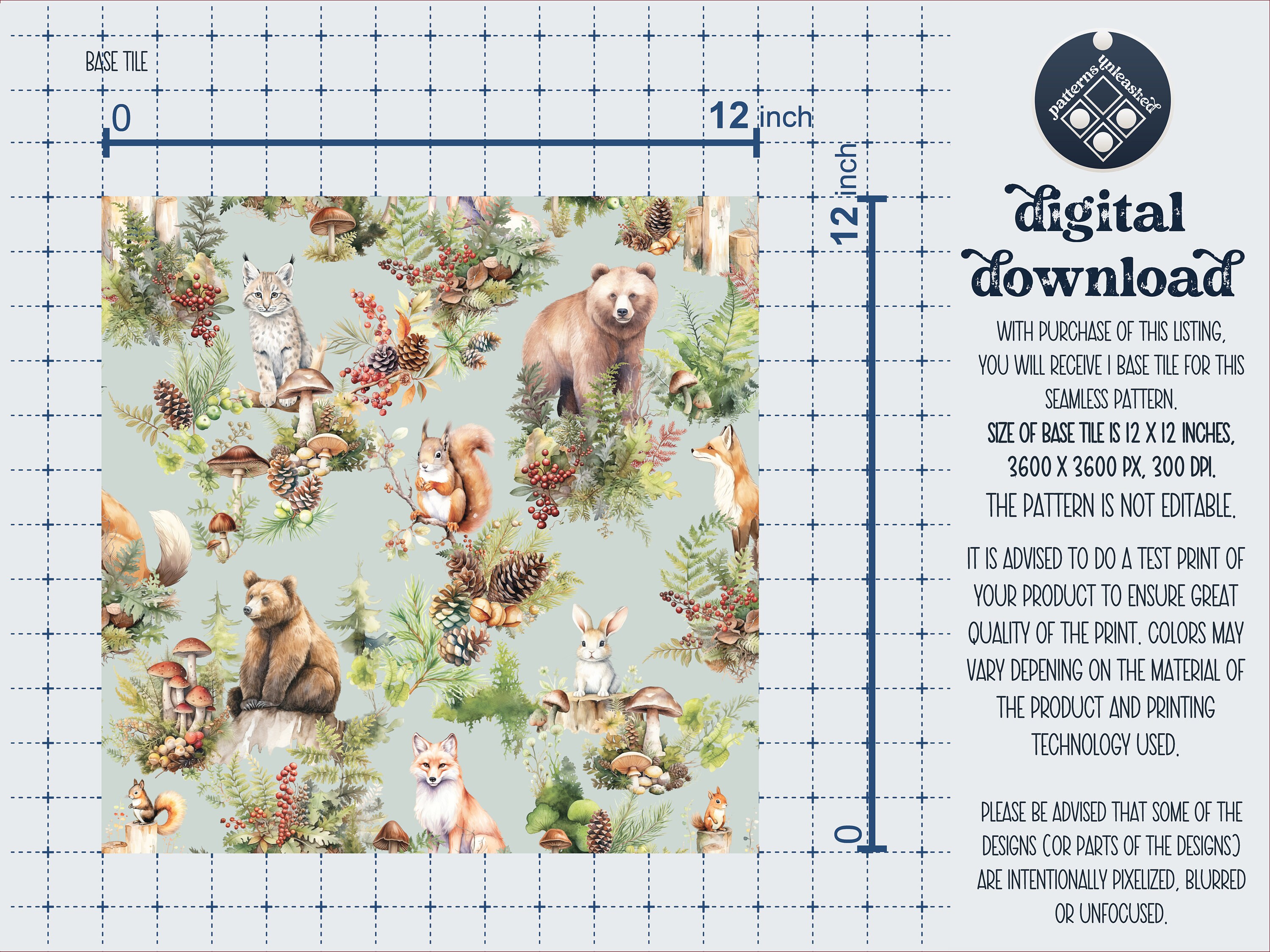 Woodland Animals Seamless Pattern Unlimited Commercial Use Digital ...