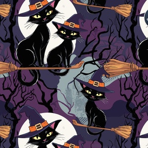 Halloween Witchy Cats Digital Seamless Pattern Unlimited Commercial Use ...