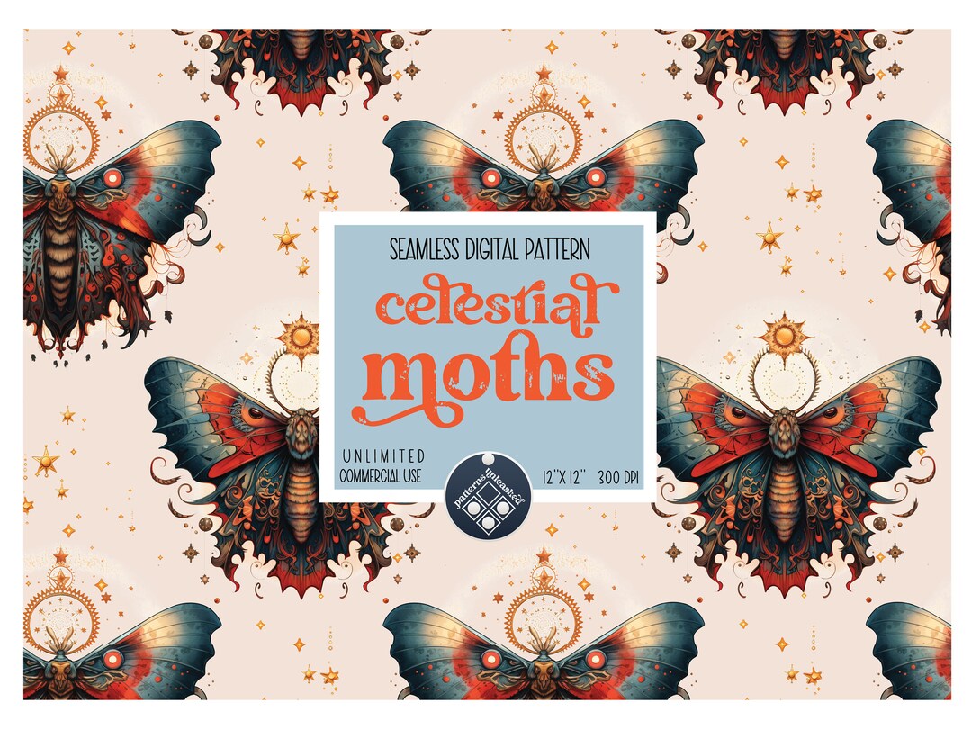 Celestial Moths Seamless Pattern Unlimited Commercial Use Digital Print File Instant Download ...